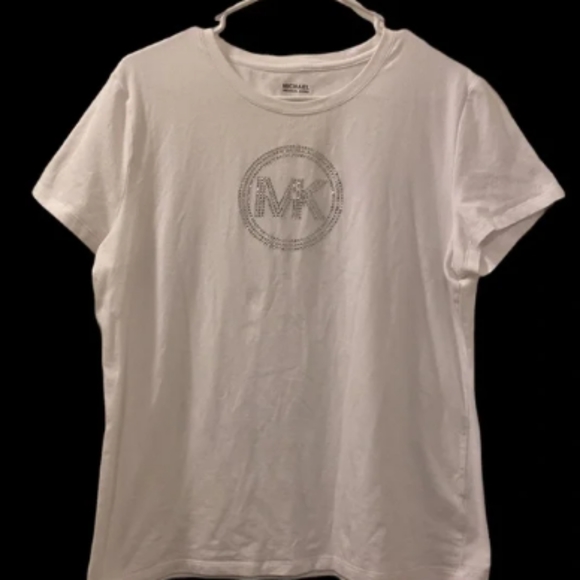 Tops | Mk Michael Kors White Tshirt With Mk Round Silver Rhinestones ...